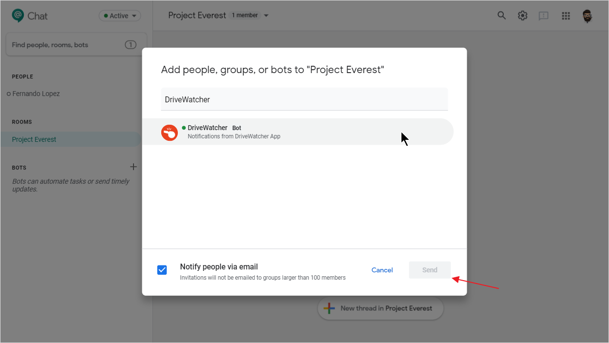 Notifications using Hangouts Chat bot - DriveWatcher APP